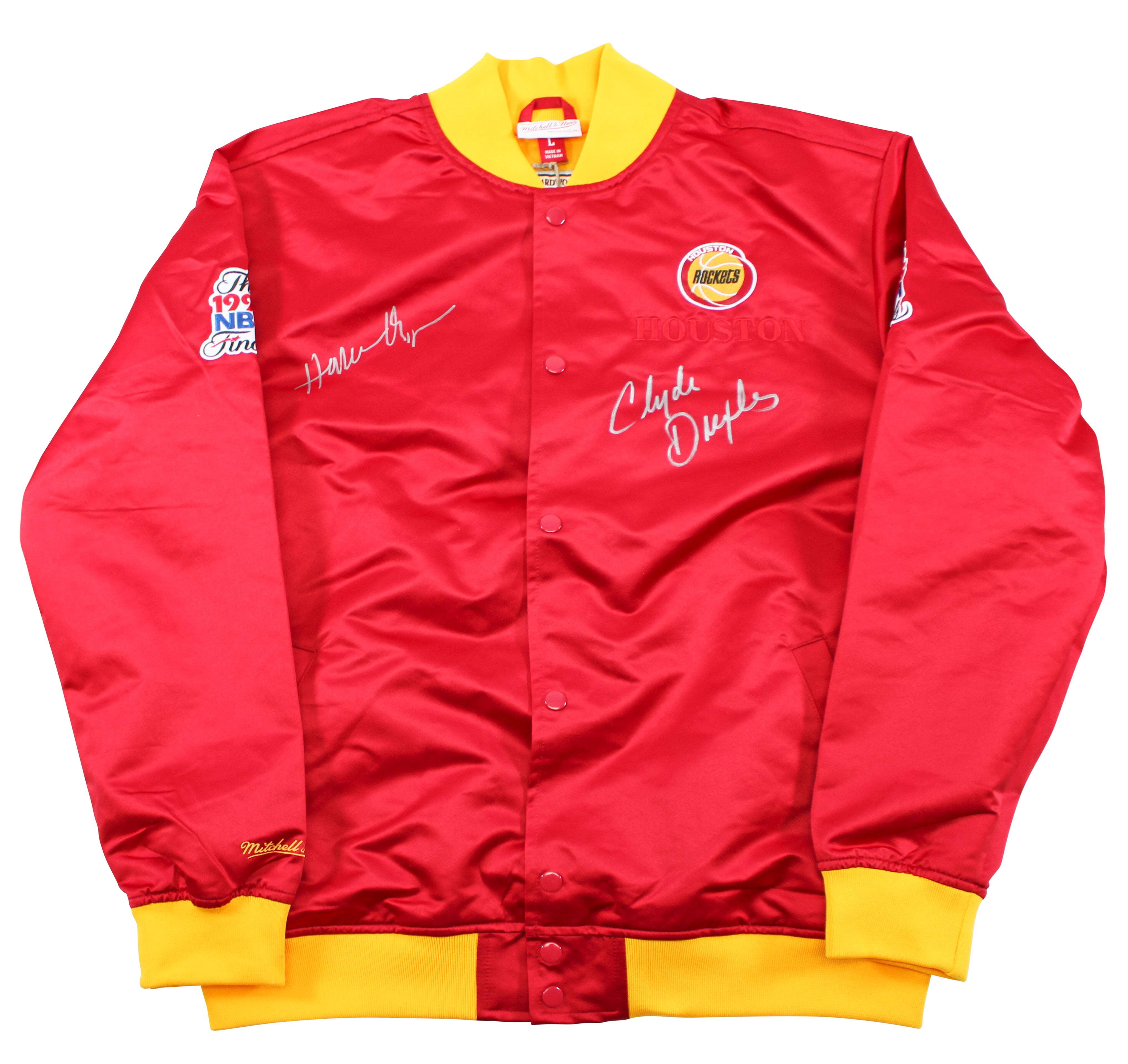 Rockets Hakeem Olajuwon Clyde Drexler Signed Red MN Bomber Jacket BAS ...