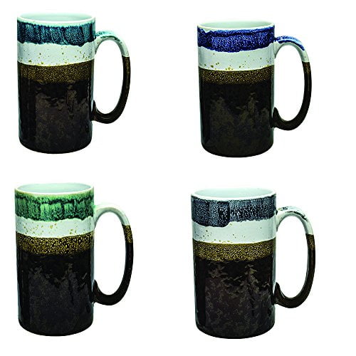 Rockin Gear Stoneware Glazed Coffee Mugs Set of 4 with Gold Accent Gift ...