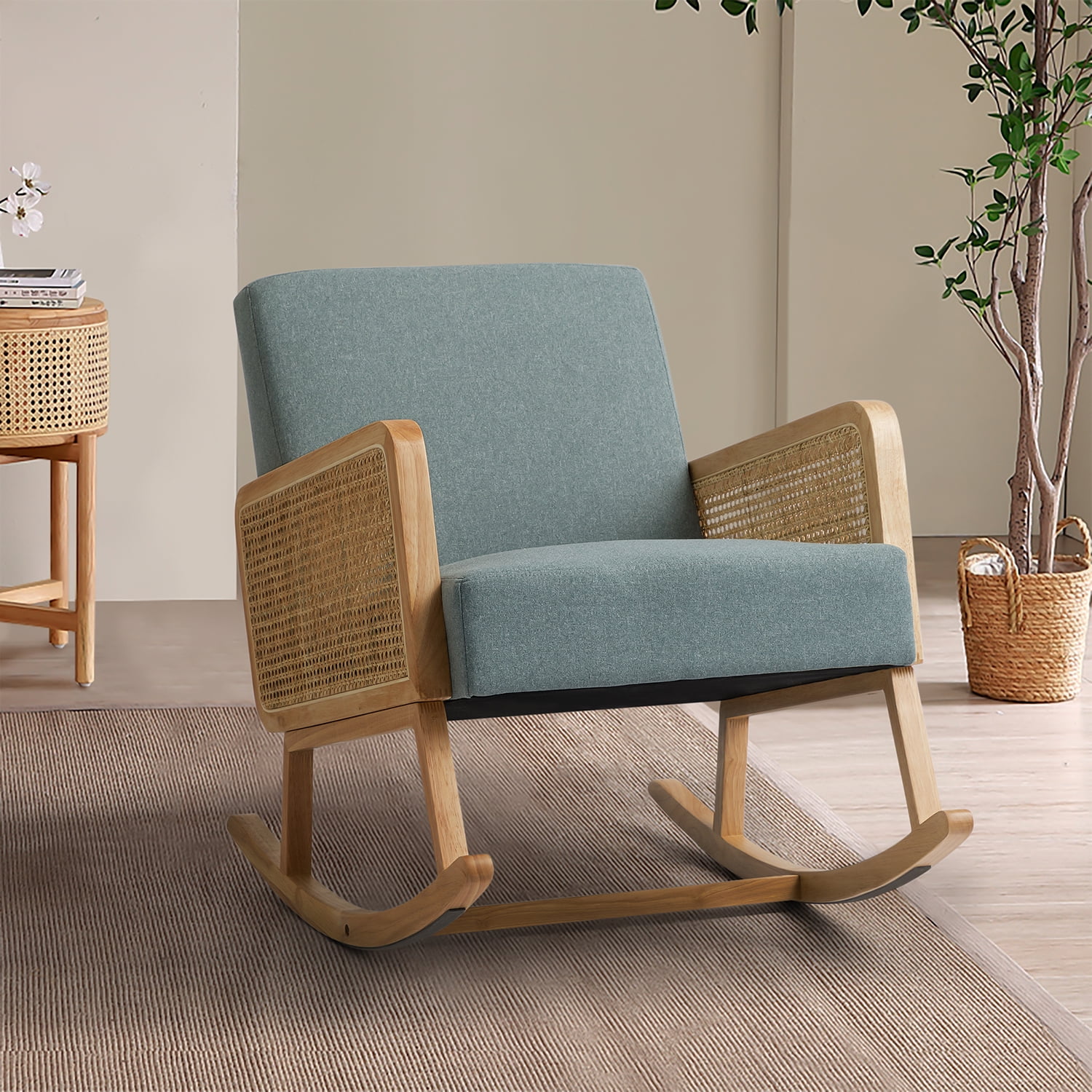 Rocking Accent Chair with Rattan Armrests & Wooden Base,Modern Comfy ...