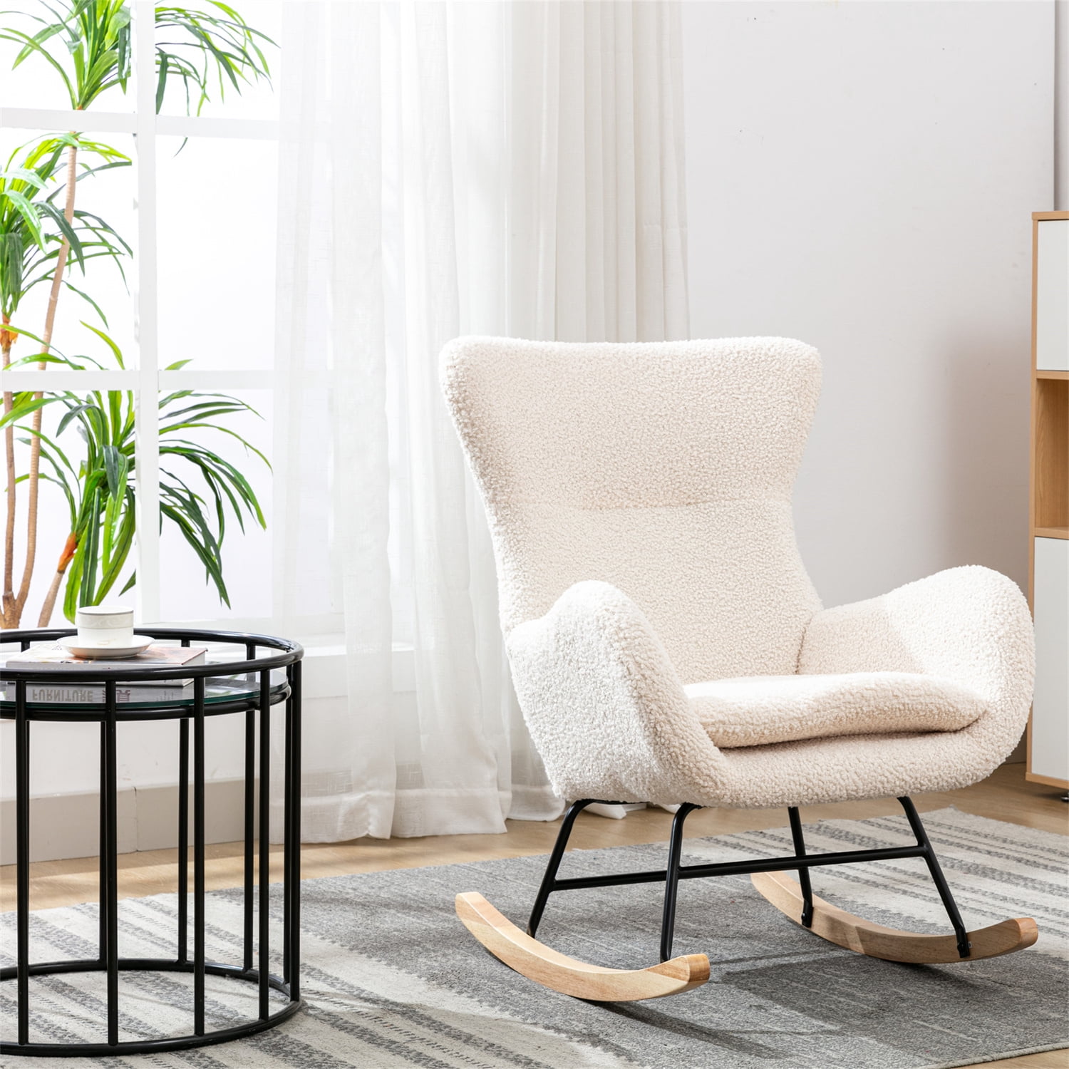 Rocking Chair, 33.1" Modern Teddy Fabric Padded Seat Rocking Chair with ...