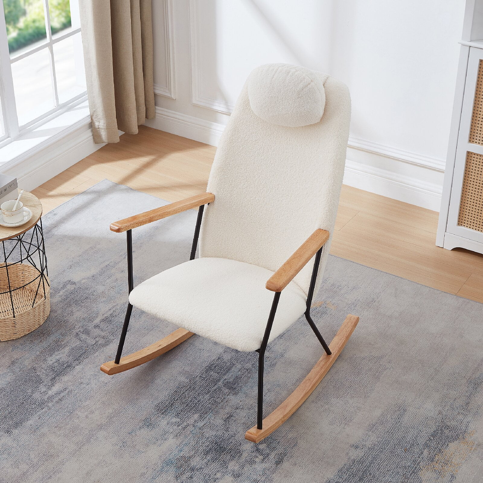 Rocking Chair with Adjustable Headrest Pillow, Teddy Fabric Upholstered ...