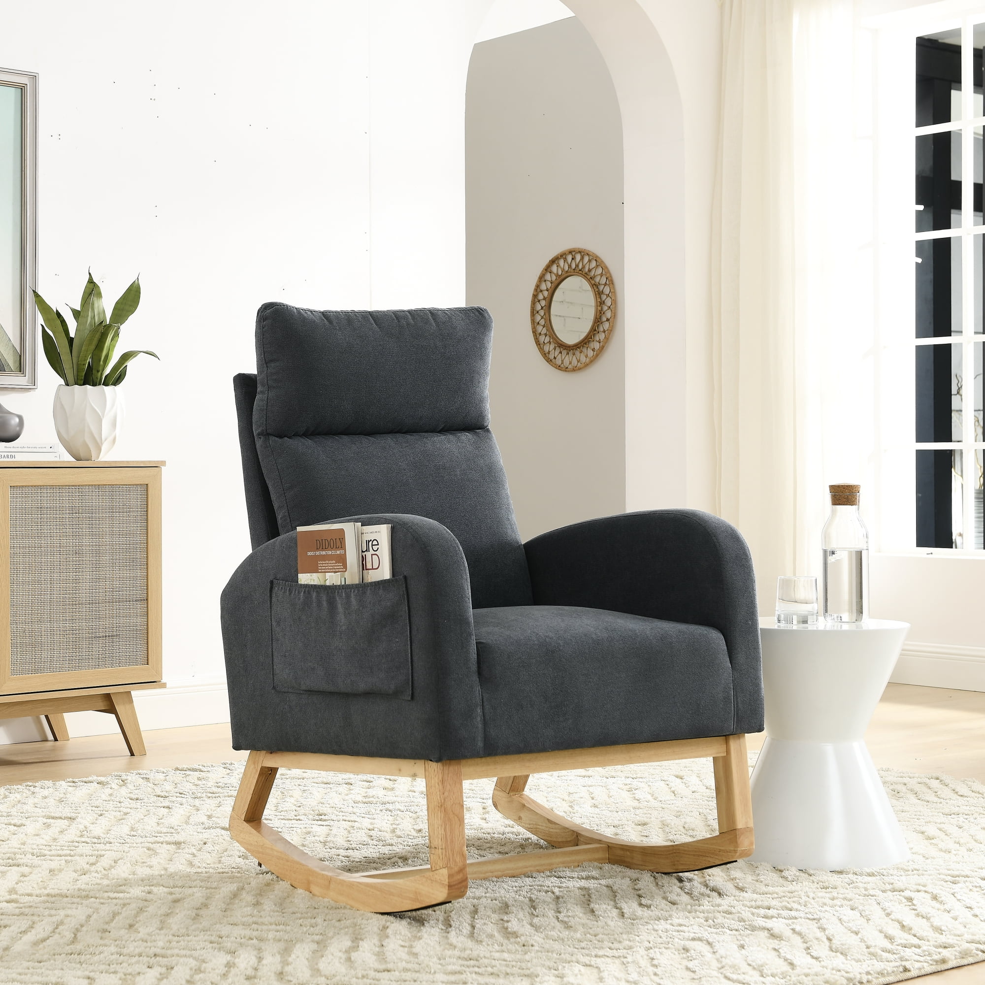 Rocking Chair with Ergonomic High Back and Padded Seat, Upholstered ...