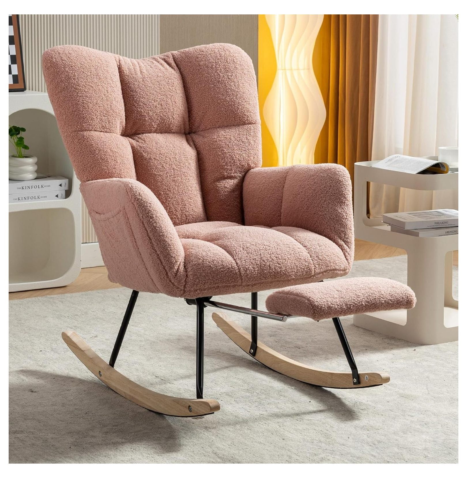 Rocking Chair with Foot Rest, Comfy Teddy Upholstered Nursery Glider ...