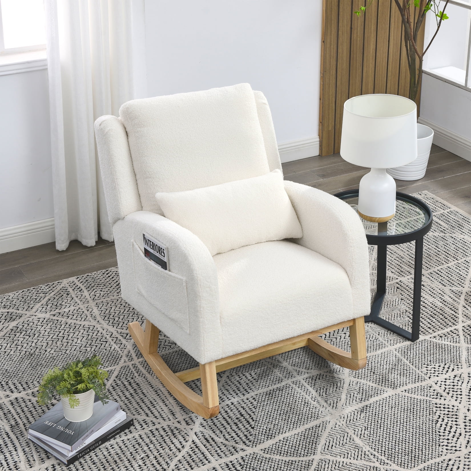 White High Backrest Rocking Chair, Glider Rocker with Lumbar Pillow and ...