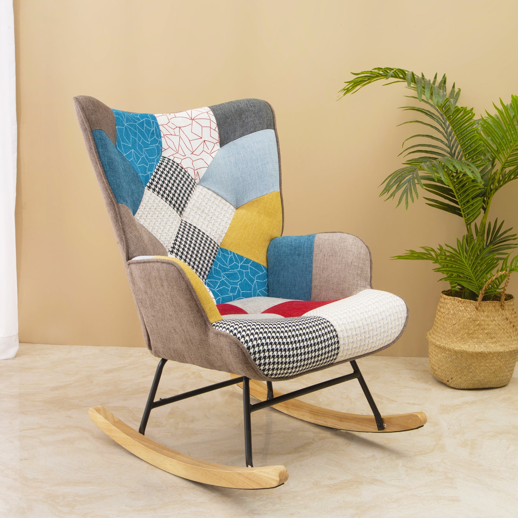 Rocking Chair, Mid Century Fabric Rocker Chair with Wood Legs and ...