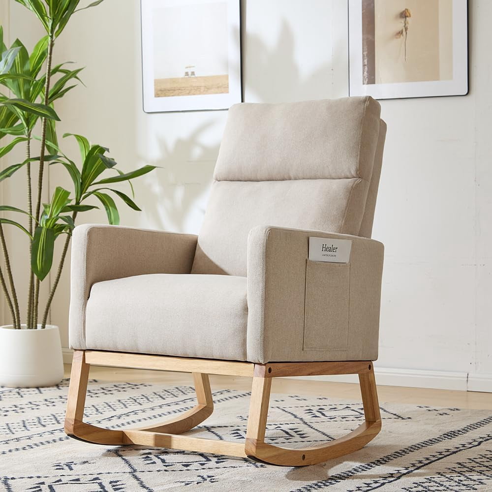 Rocking Chair,Modern Glider with Storage Pockets,Comfortable Linen ...
