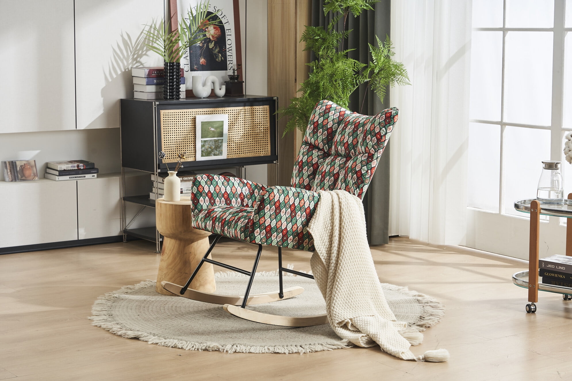 Rocking Chair, Modern High Back Chair with Solid Wood Legs, Metal Frame ...