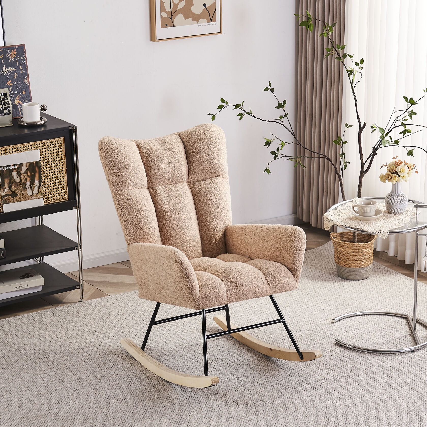 Rocking Chair, Modern High Back Chair with Solid Wood Legs, Metal Frame ...
