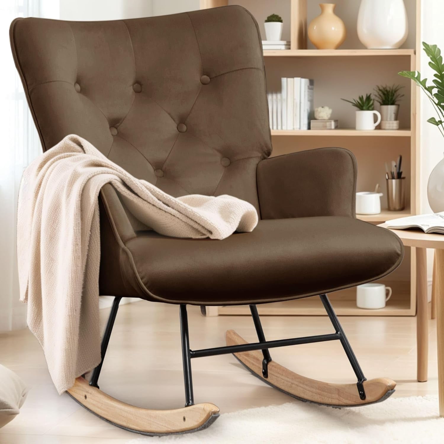 Rocking Chair for Nursery, Comfy Velvet Fabric Glider Rocker, Reading ...