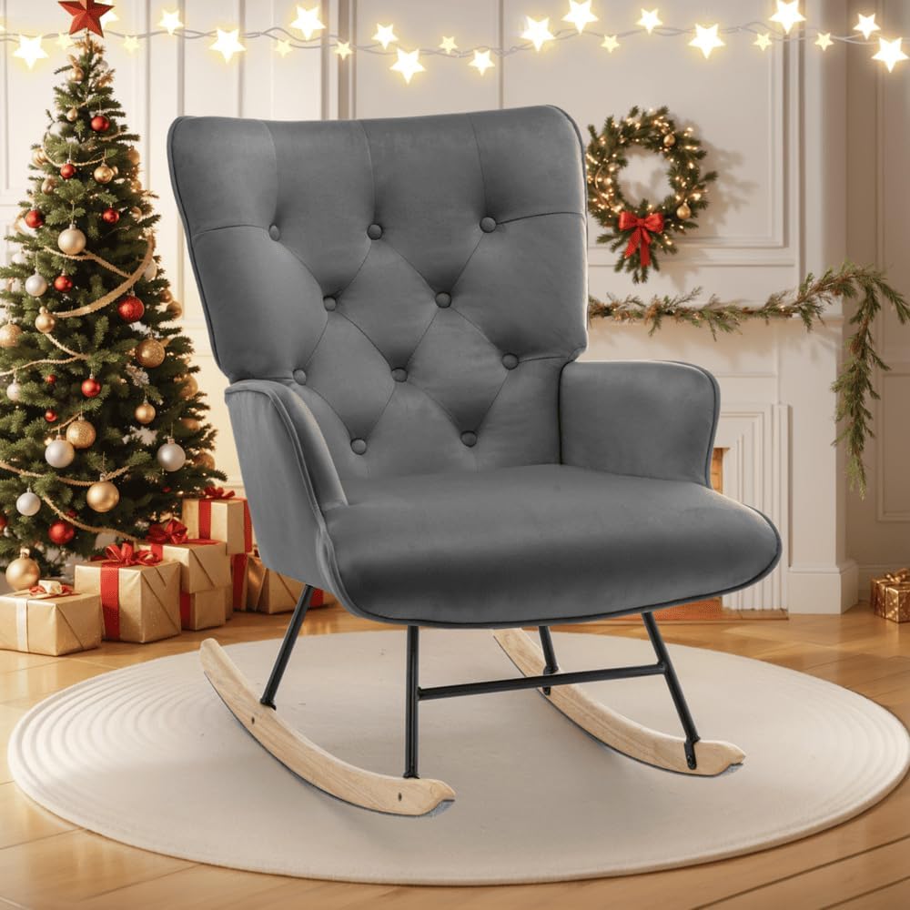 Rocking Chair for Nursery, Comfy Velvet Fabric Glider Rocker, Reading ...