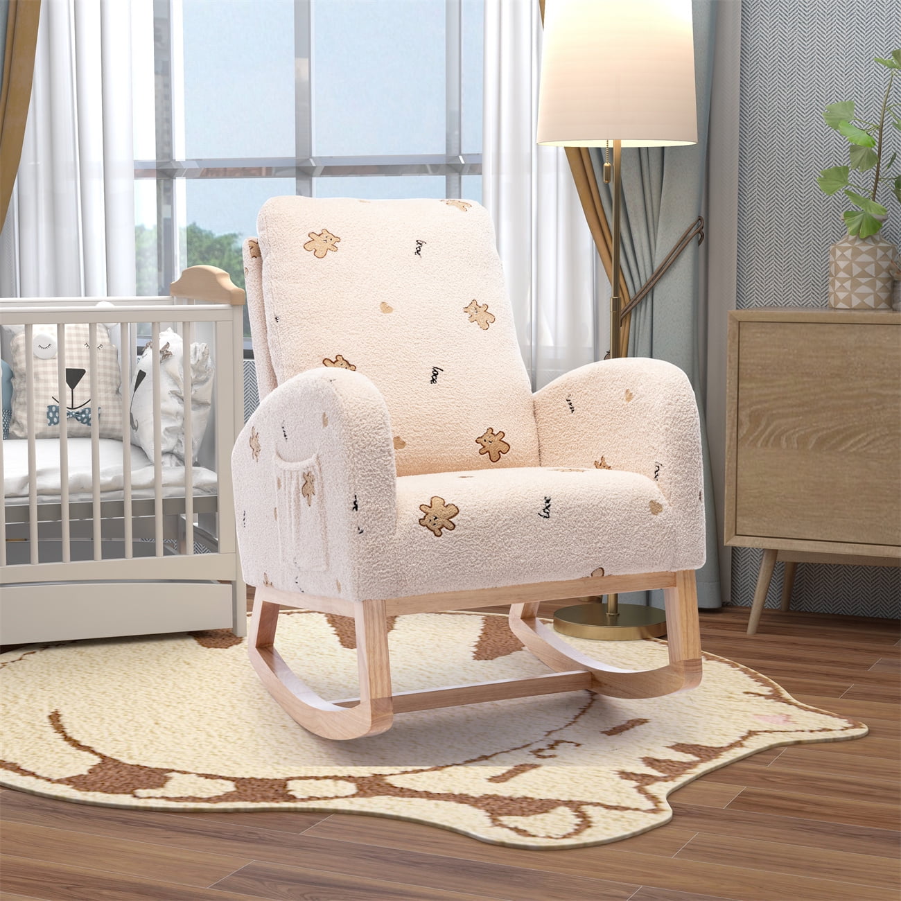 Beige Upholstered Indoor Rocking Chair, High Back with Side Storage for ...