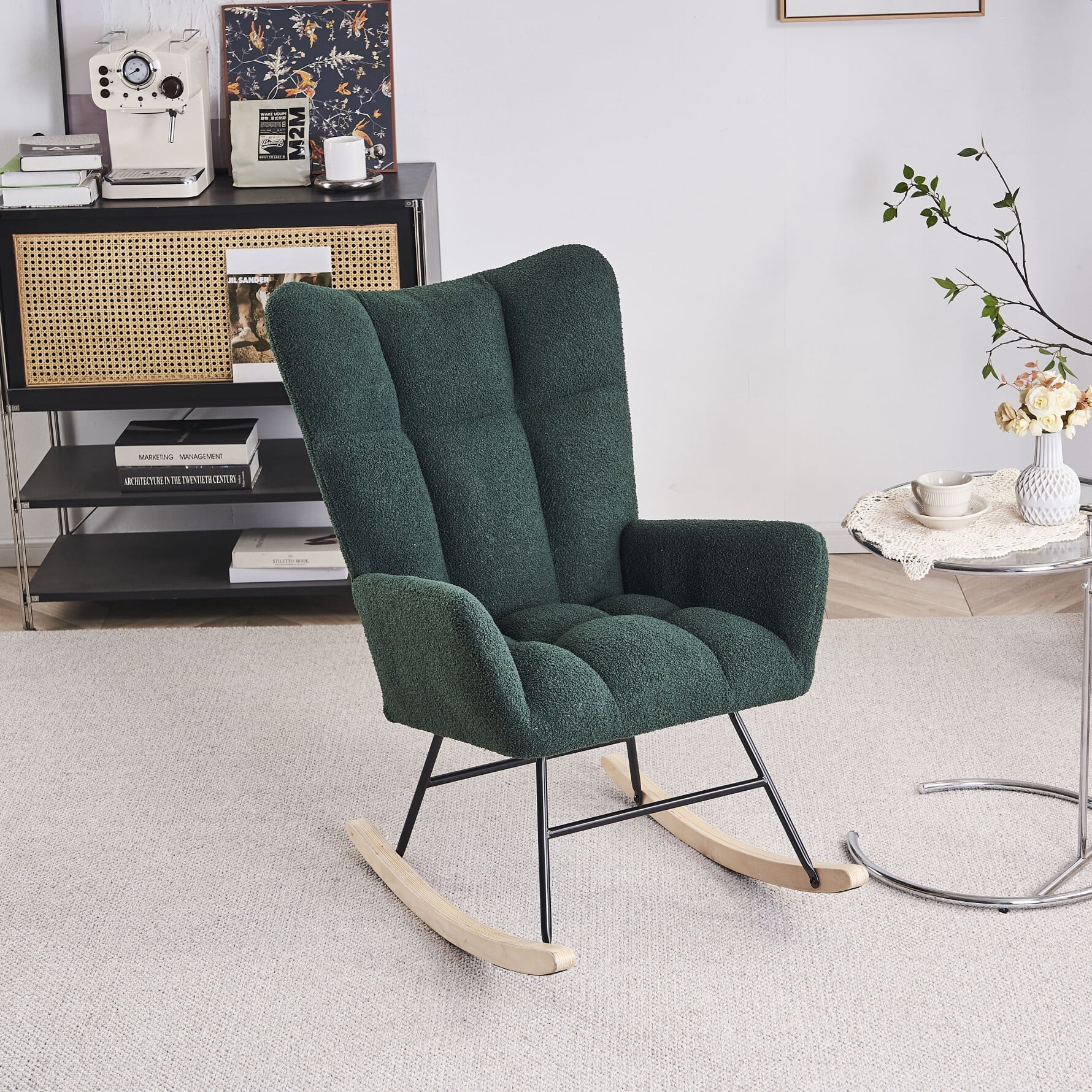 Rocking Chair Nursery, Solid Wood Legs Padded Seat with Teddy Fabric ...