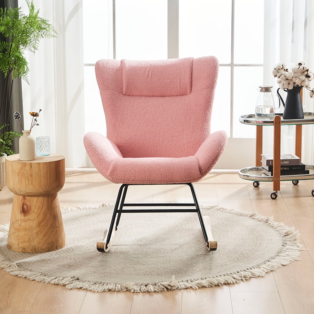 Rocking Chair Nursery, Solid Wood Legs Reading Chair With Teddy Fabric ...