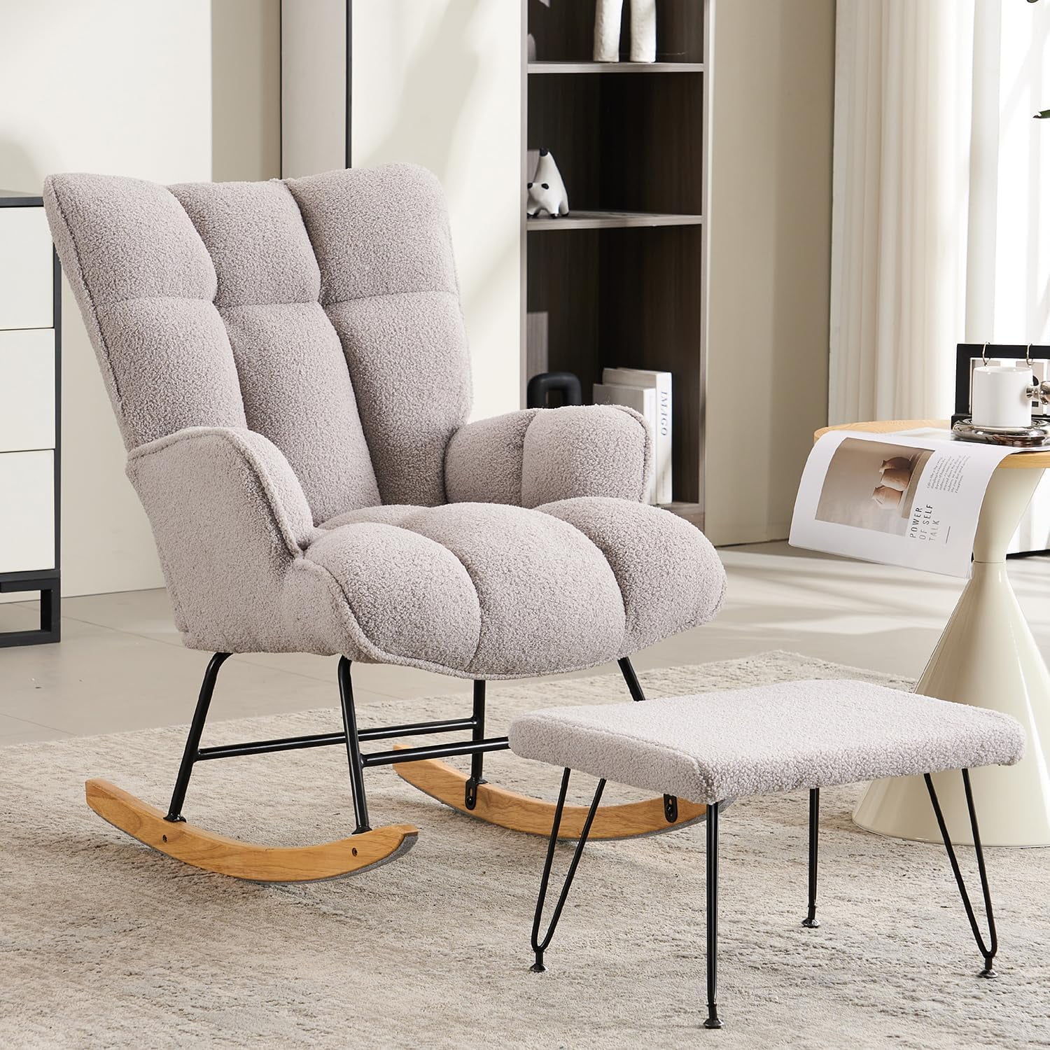 Rocking Chair Nursery, Teddy Upholstered Glider Rocker with High ...