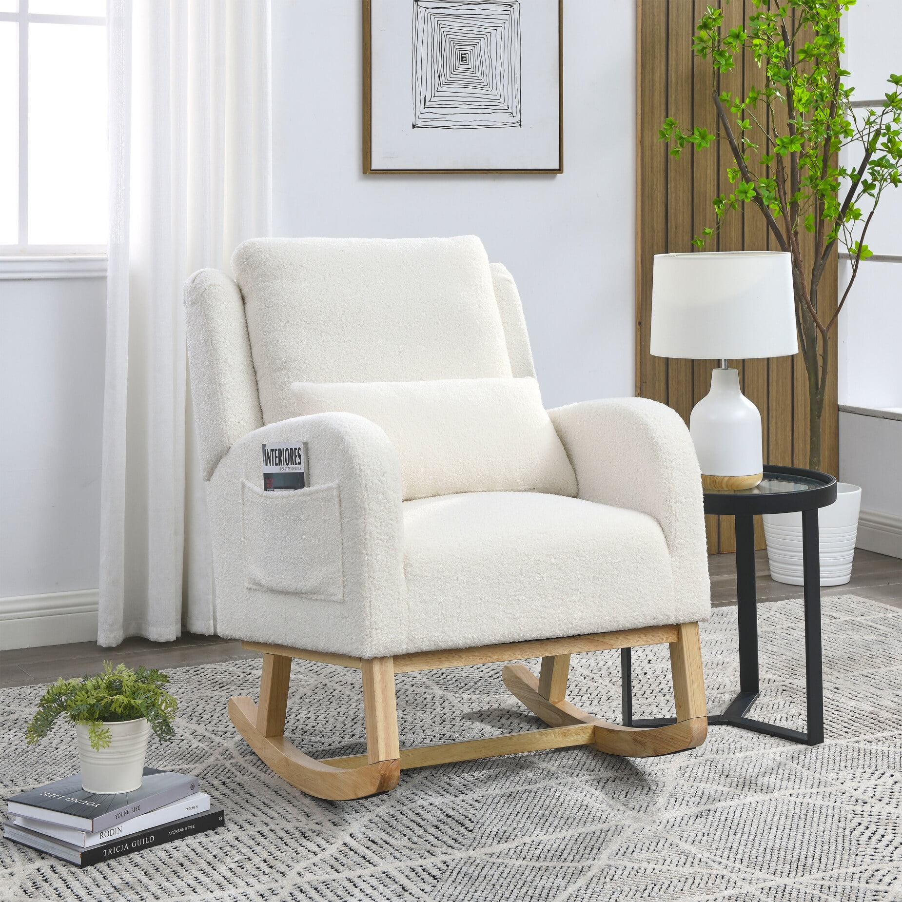Rocking Chair Nursery with Thick Headrest and Side Pockets, Upholstered ...