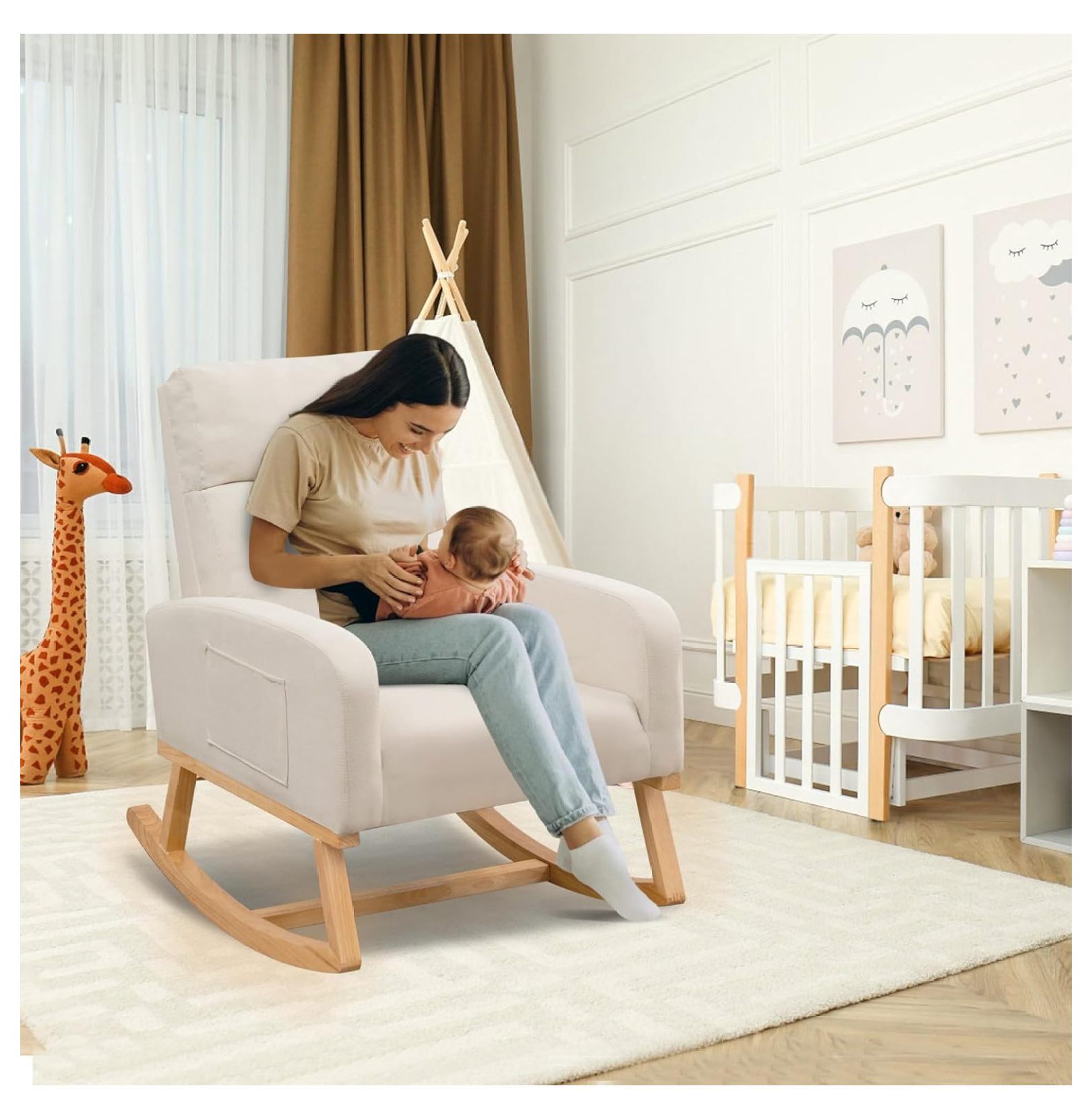 Rocking Chair Nursery, Upholstered Fabric Glider Rocking Nursing Chair ...