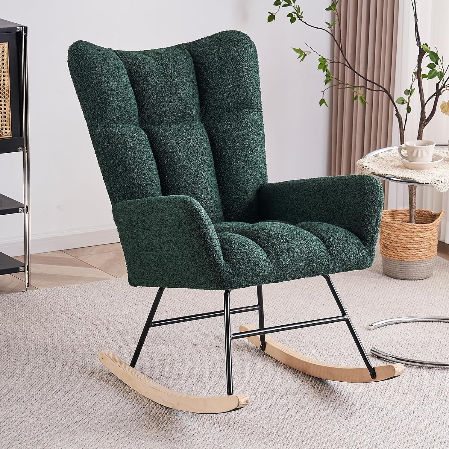 Rocking Chair for Nursery, Upholstered Teddy Fabric Nursing Chair with ...