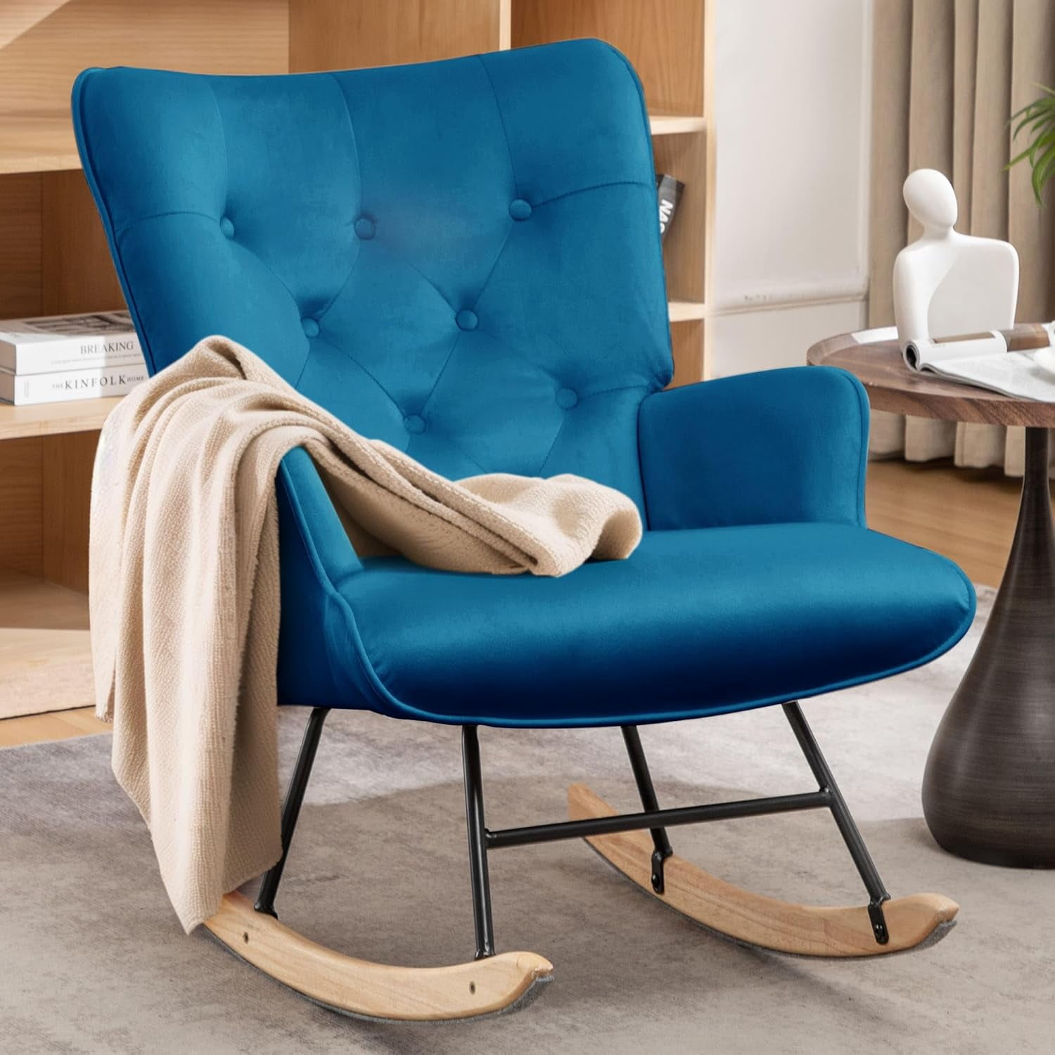 Rocking Chair for Nursery, Velvet Fabric Glider Rocker, Reading Chair ...