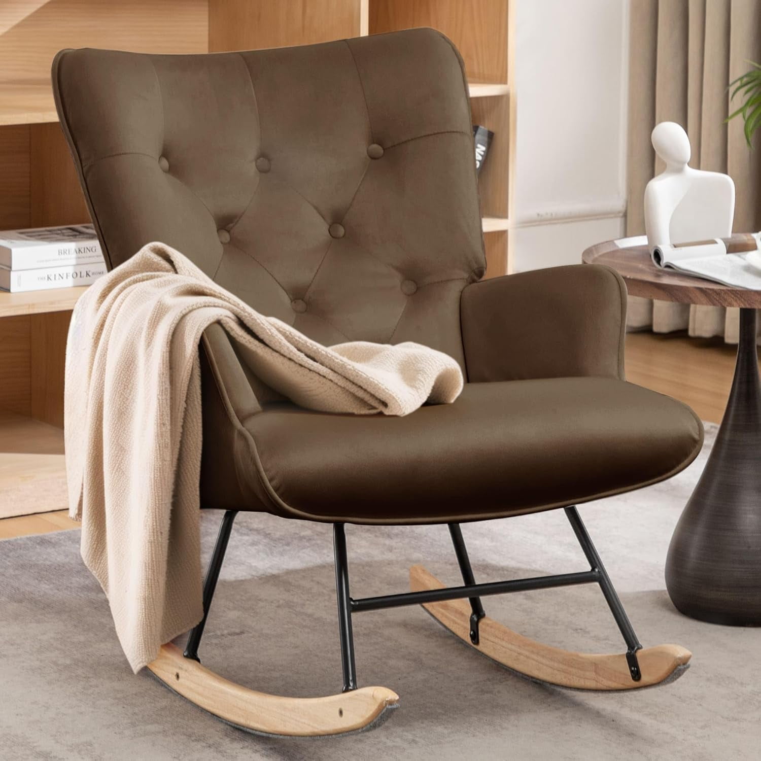 Rocking Chair for Nursery, Velvet Fabric Glider Rocker, Reading Chair ...