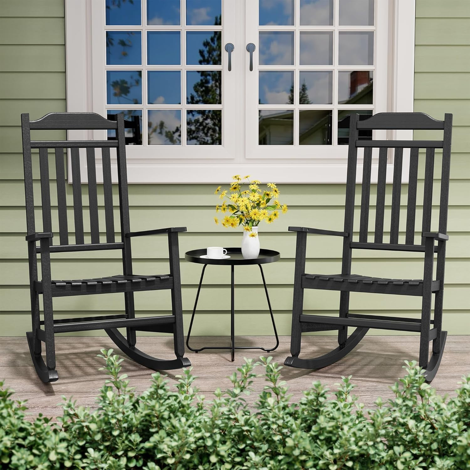 Rocking Chair Outdoor Set of 2,Black Wooden Patio Oversized Rocking ...