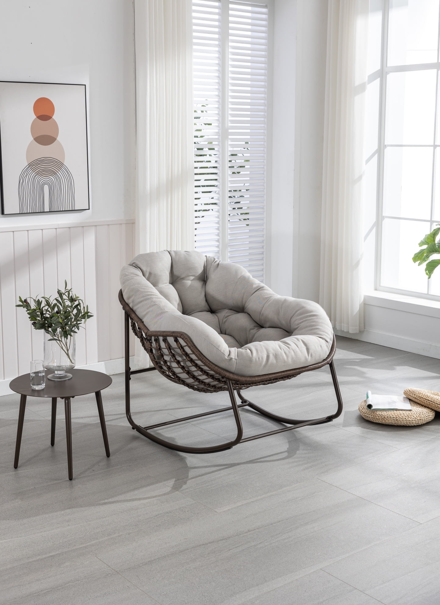 Rocking Chair, Oversized Rattan Egg Rocking Chair, Outdoor&Indoor Rocking Papasan Chair, Padded ...