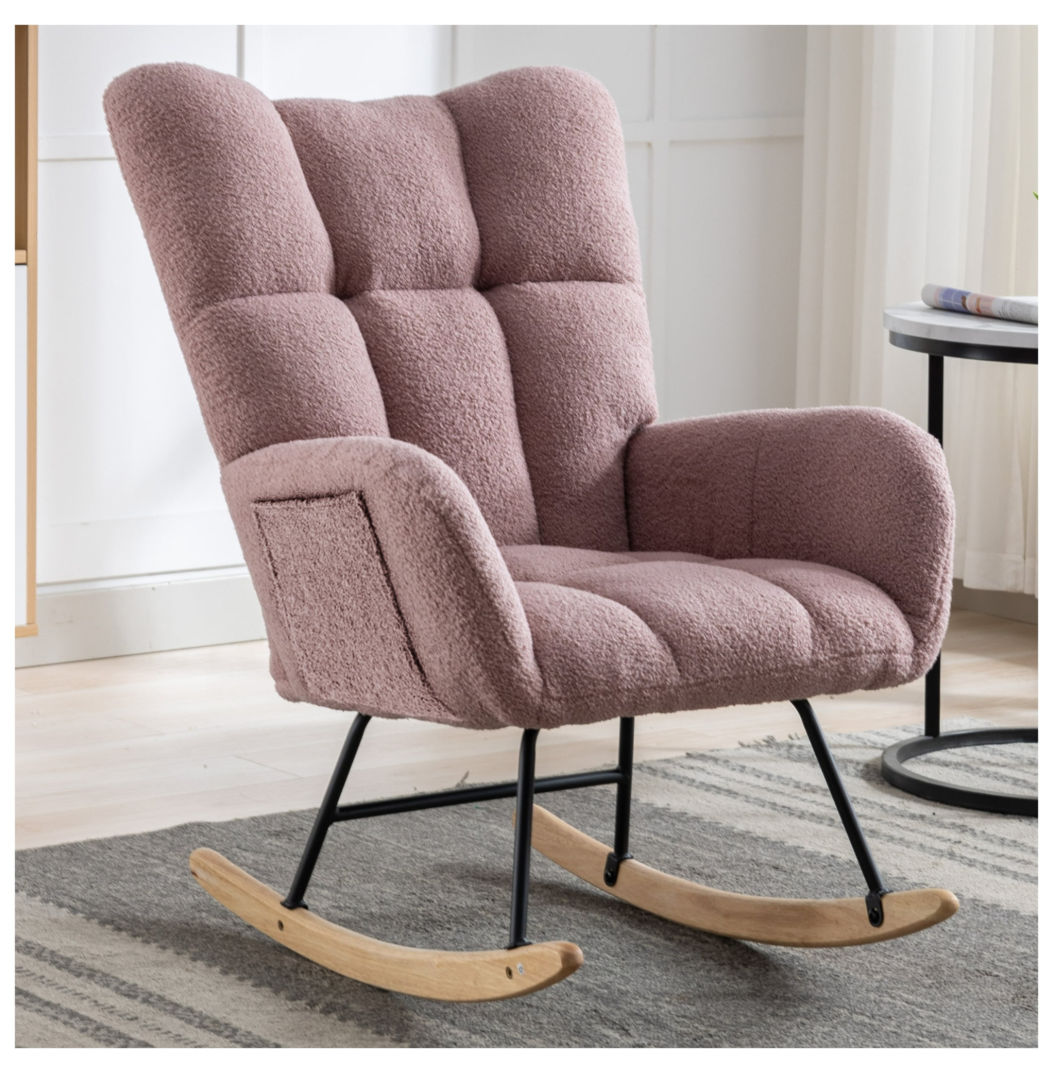 Rocking Chair with Pocket, Soft Teddy Fabric Rocking Chair for Nursery ...