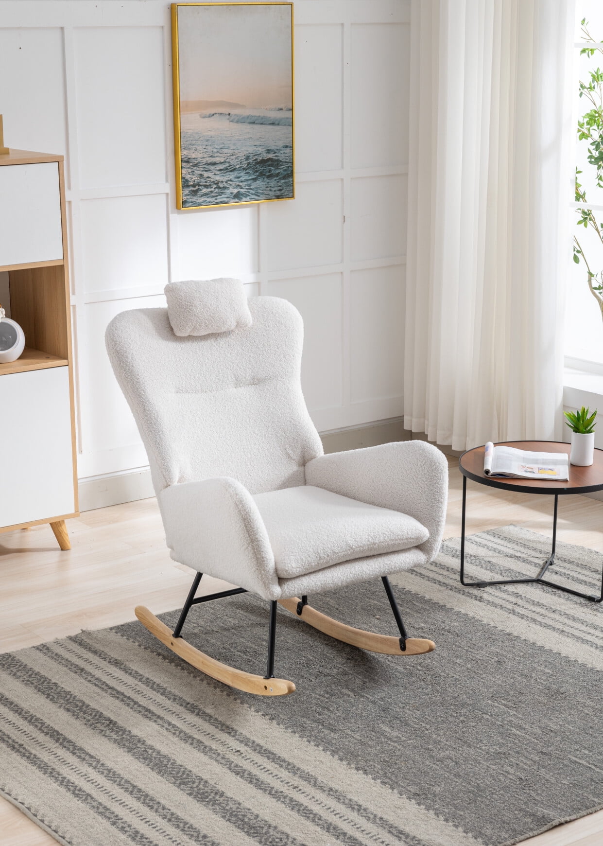 Soft Teddy Fabric Rocking Armchair with Solid Wood Base, Wingback ...