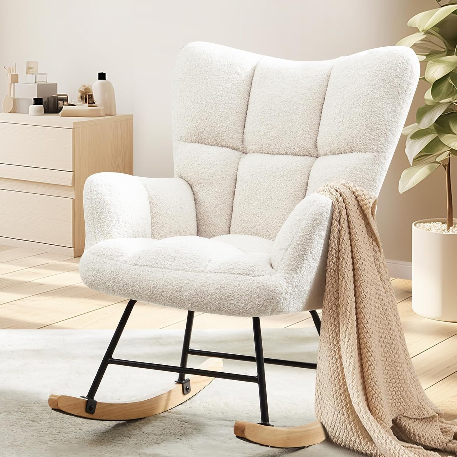 Rocking Chair , Teddy Upholstered Glider Rocker with High Backrest ...