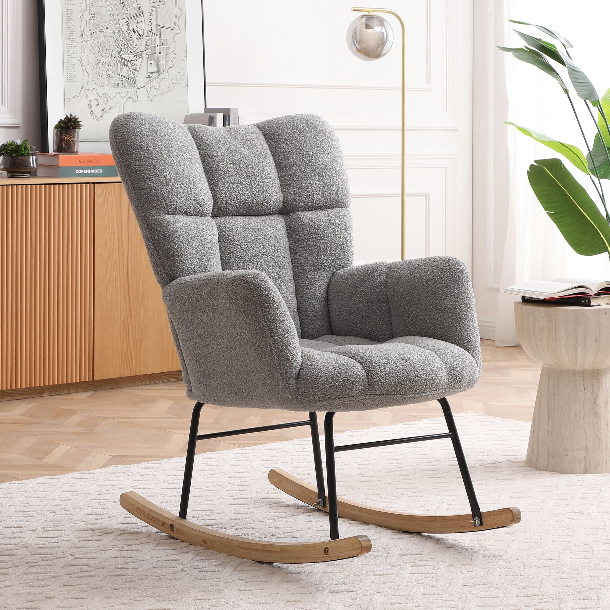 Rocking Chair, Teddy Upholstered Glider Rocker with High Backrest and ...