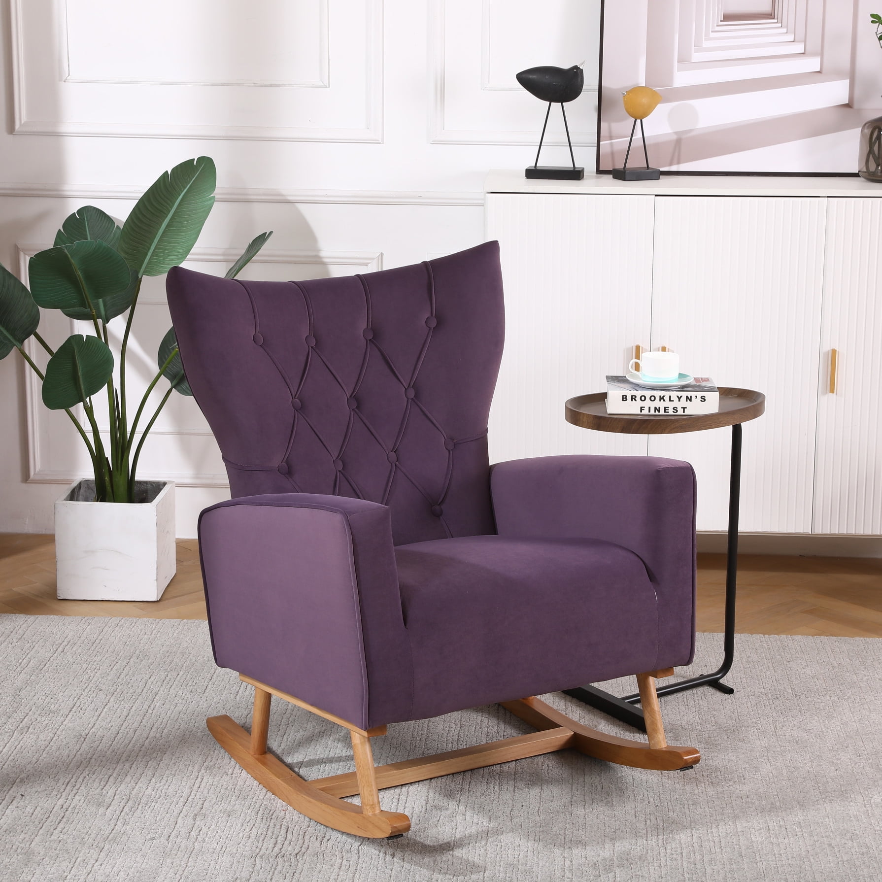 Rocking Chair, Velvet Upholstered Glider Rocker with High Backrest and ...