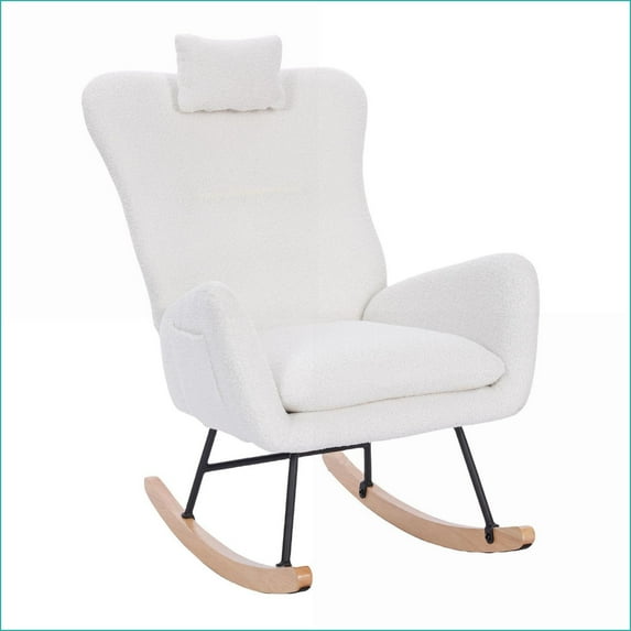 Rocking Chair, White Teddy Upholstered Nursery Rocker for Living Room ...