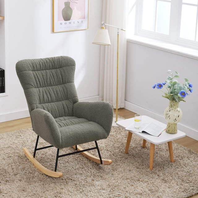 Rocking Chair With High Backrest And Armrests Soft Teddy Upholstered ...