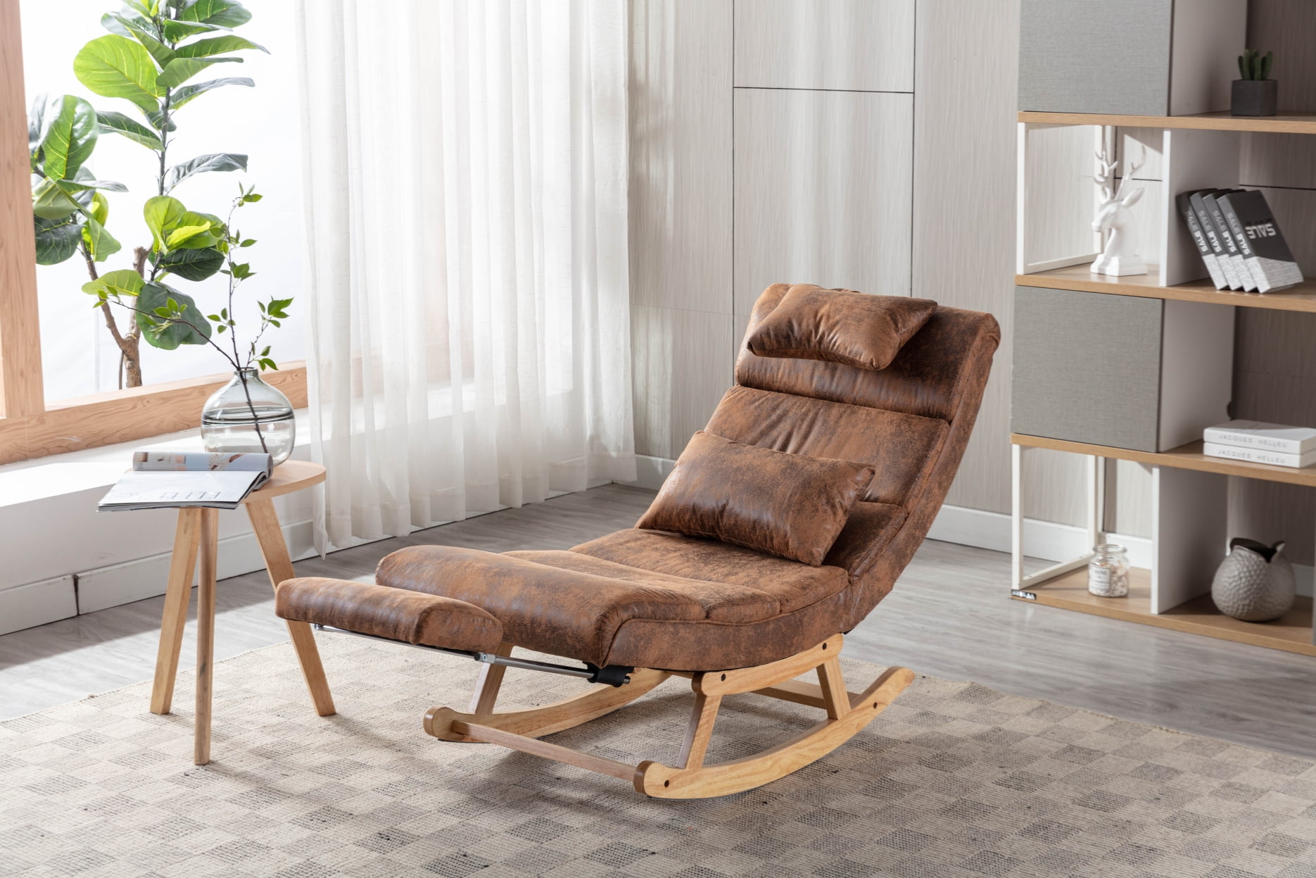 Rocking Chair with Wood Legs and Ergonomic Curved Back, Upholstered ...