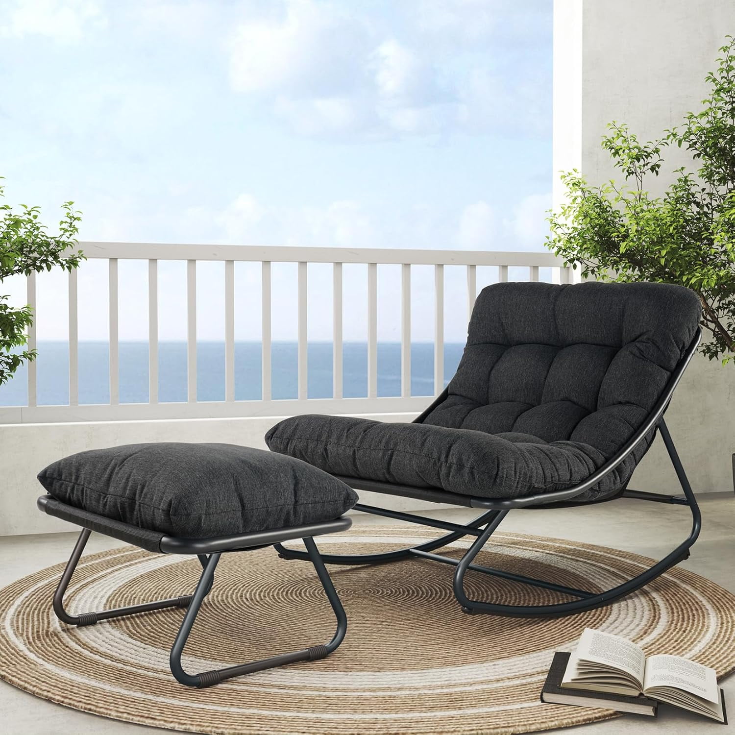 Rocking Chair with Foot Stool, Outdoor/Indoor E-Coated Modern Cozy ...