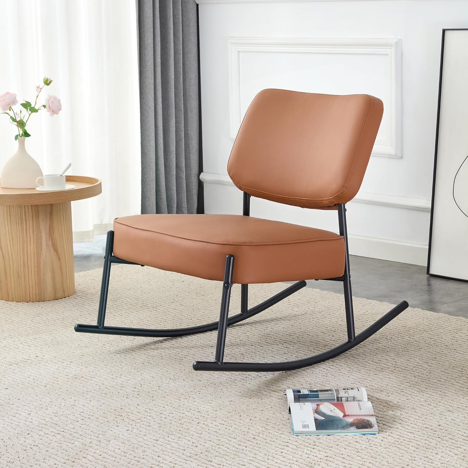 Rocking Chair with Metal Legs, PU Accent Rocker Chair with Spacious ...