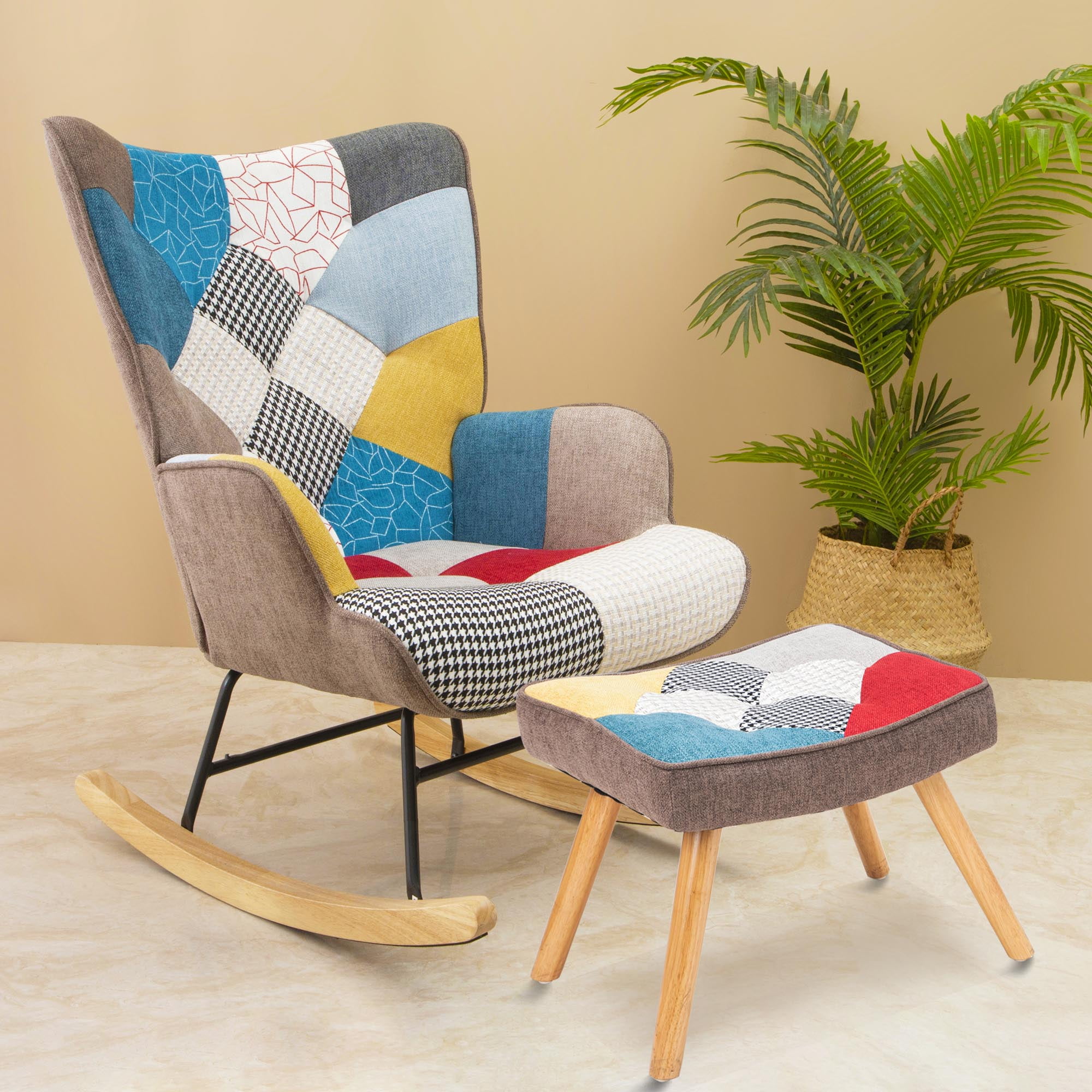 Rocking Chair with ottoman, Mid Century Fabric Rocker Chair with Wood ...