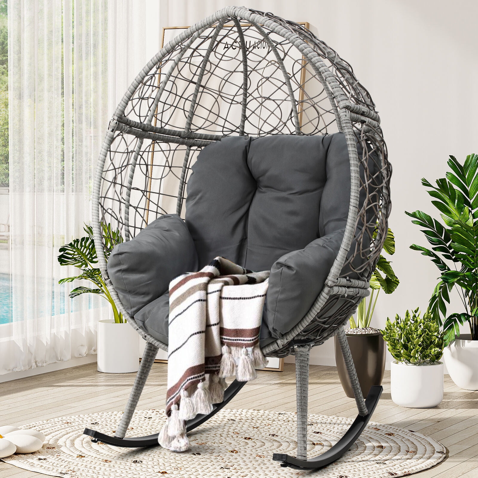 Rocking Egg Chair Wicker Patio Chair Resilient Egg Lounger Chair w ...