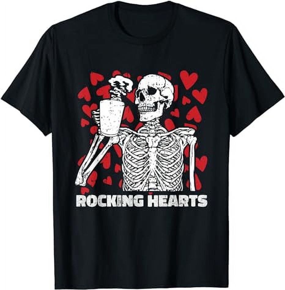 Rocking Hearts Valentines Day Funny Skeleton Drinking Coffee T-Shirt ...