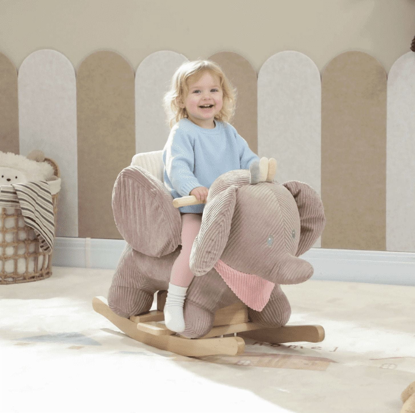 Rocking Horse for Ages 1-3, Plush Ride On Toy with Safety Belt, Wooden ...