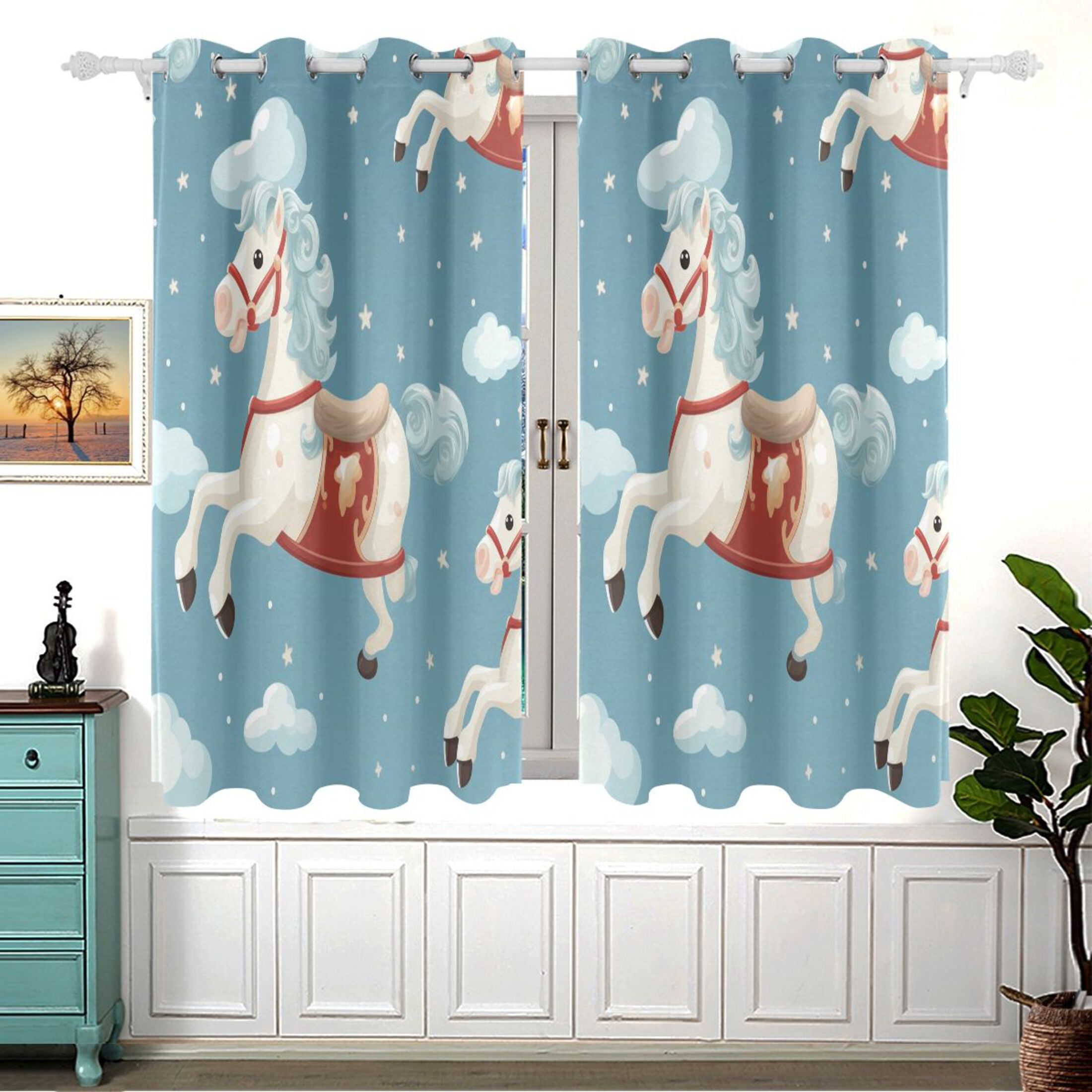 Rocking Horses Clouds Cartoon Curtains Drapes with Grommets 2 Panels 54 ...