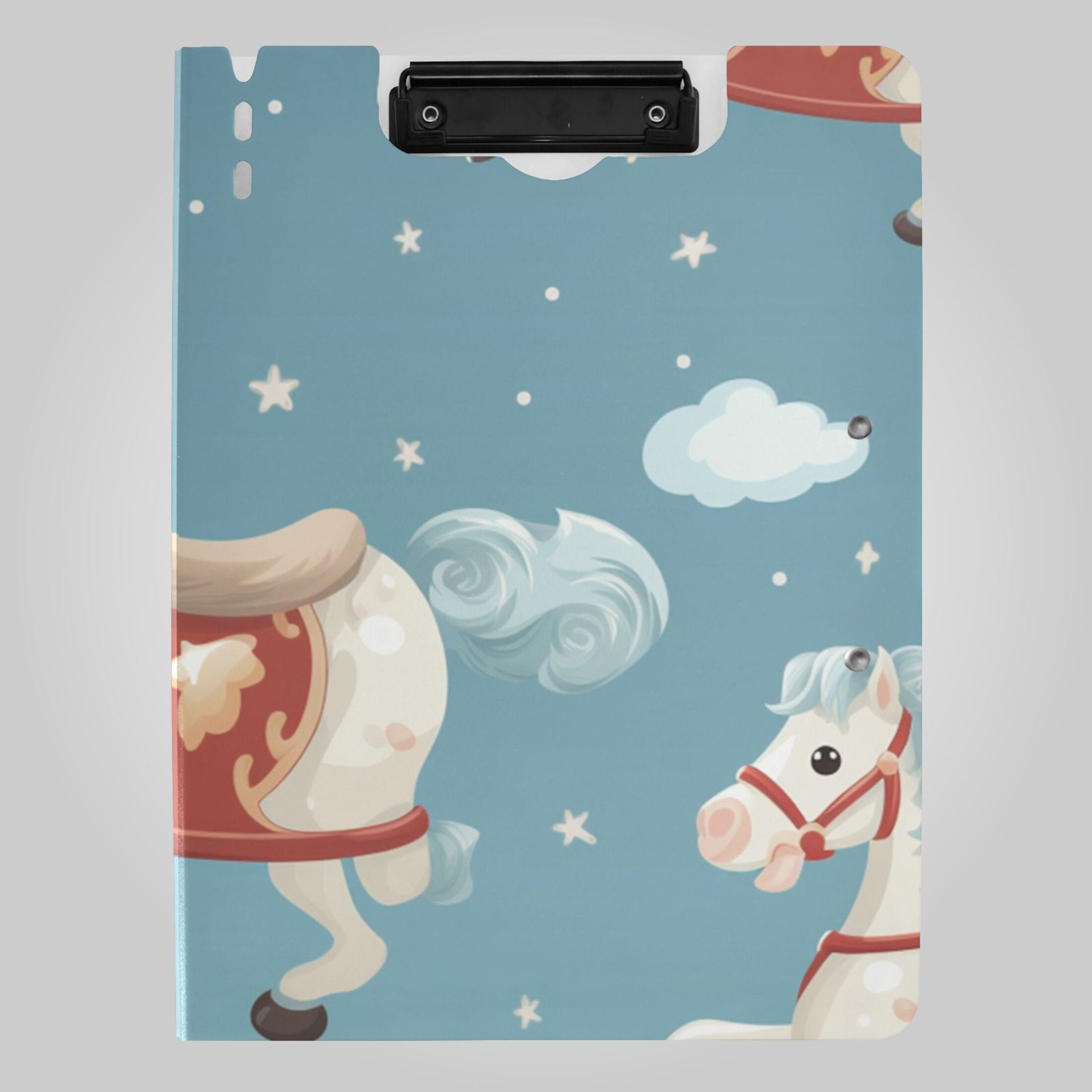 Rocking Horses Clouds Cartoon Foldable Binder Folder Clipboard with Pen ...