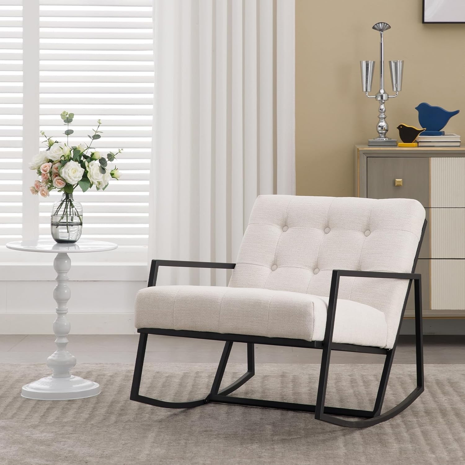 Rocking Recliner Chair for Adults, Linen Upholstered Glider Rocker with ...