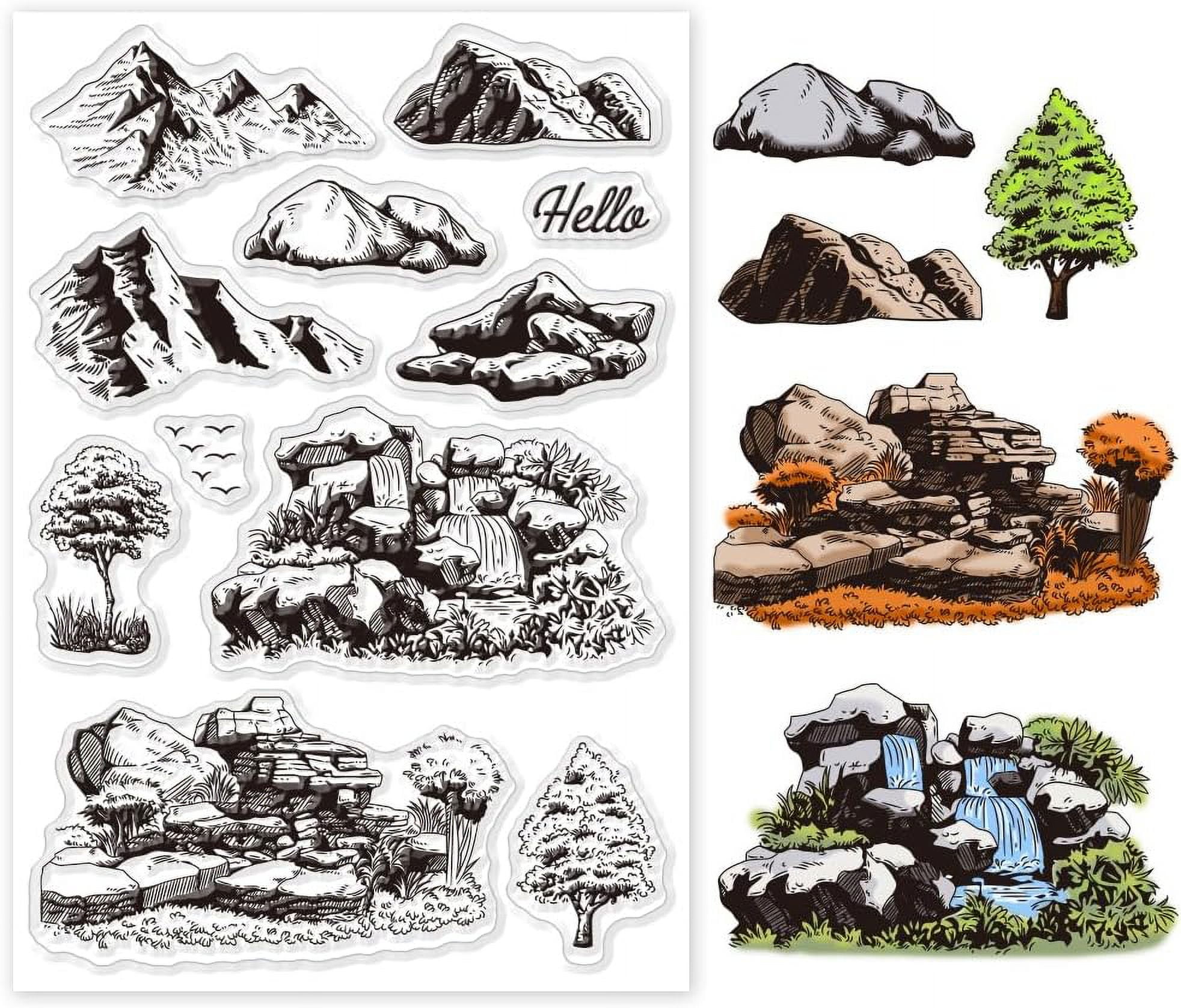 Rocks Landscape Clear Stamps for Cards Making Peaks Trees Waterfalls ...
