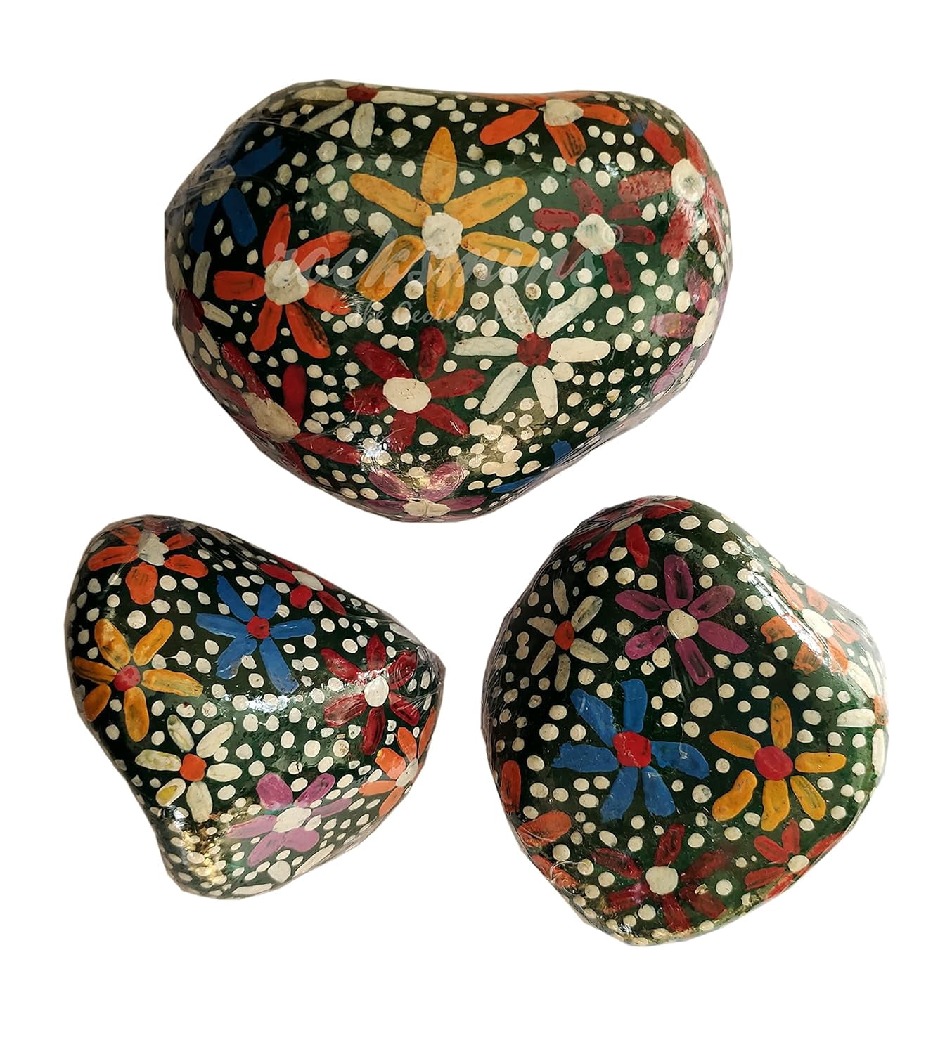 Rocksmins Set of 3 1635Gm Green Flower Hand Painted Decorative River ...