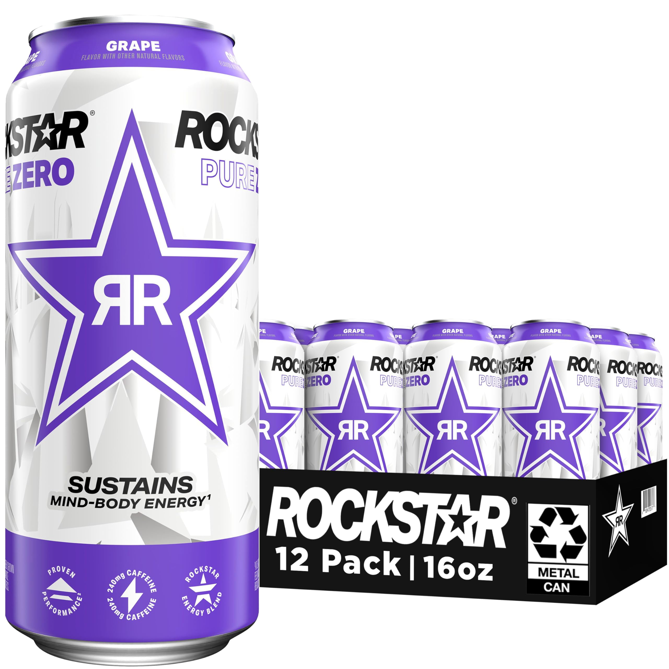 Rockstar Pure Zero Energy Drink, Grape, COC10 Sugar, with Caffeine and ...
