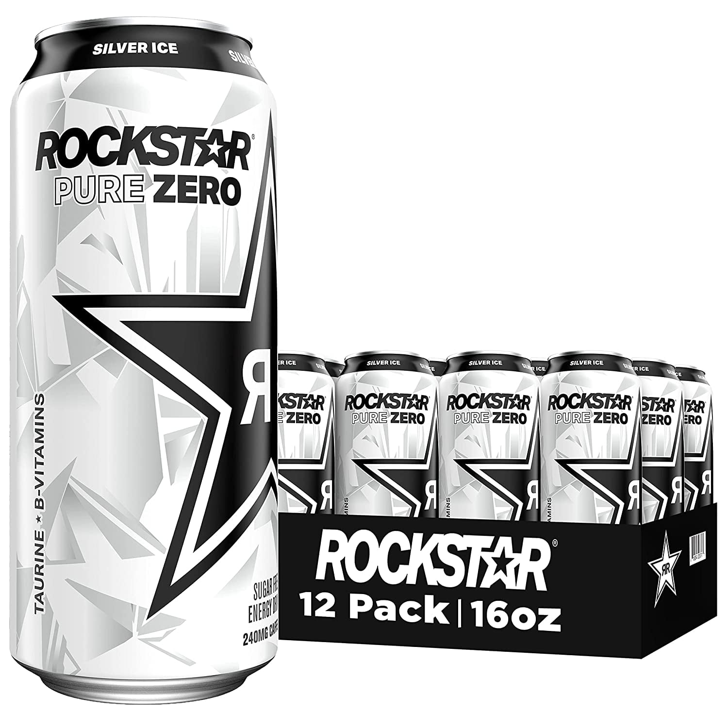 Rockstar Pure Zero Silver Ice Energy Drink, 16oz Cans, Zero Sugar, Zero ...