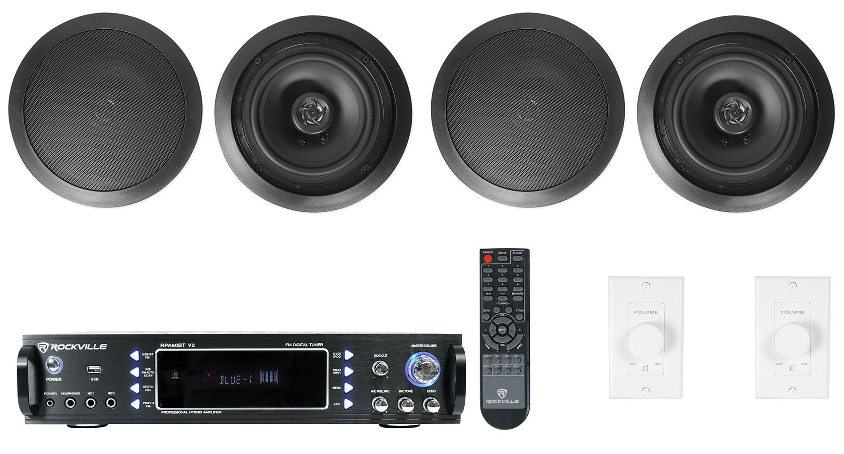 Rockville 2-Room Home Audio Receiver+(4) Black 8" Ceiling Speakers+Wall ...