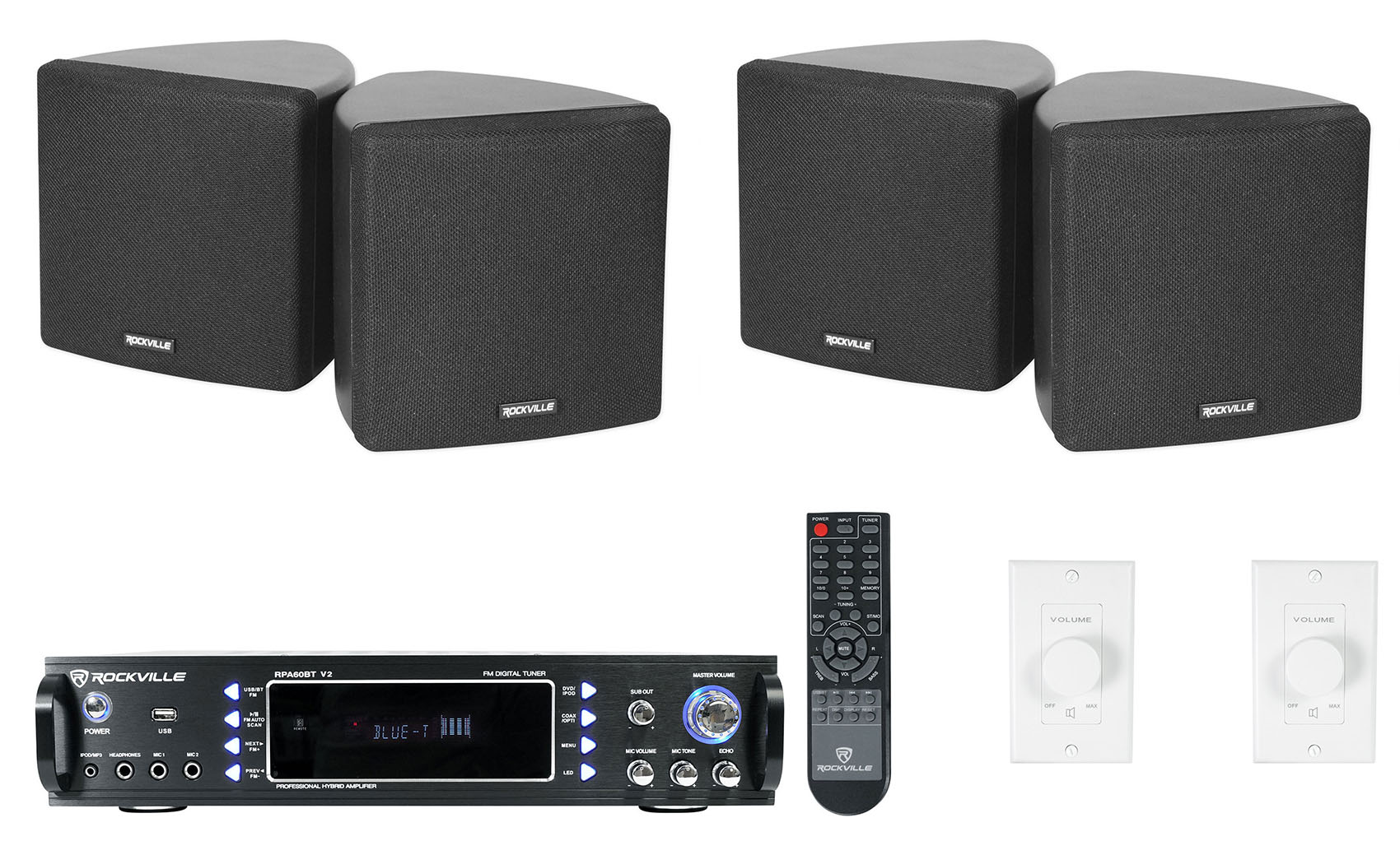 Rockville 2-Room Home Audio Receiver Amp+(4) 3.5" Cube Speakers+Wall ...