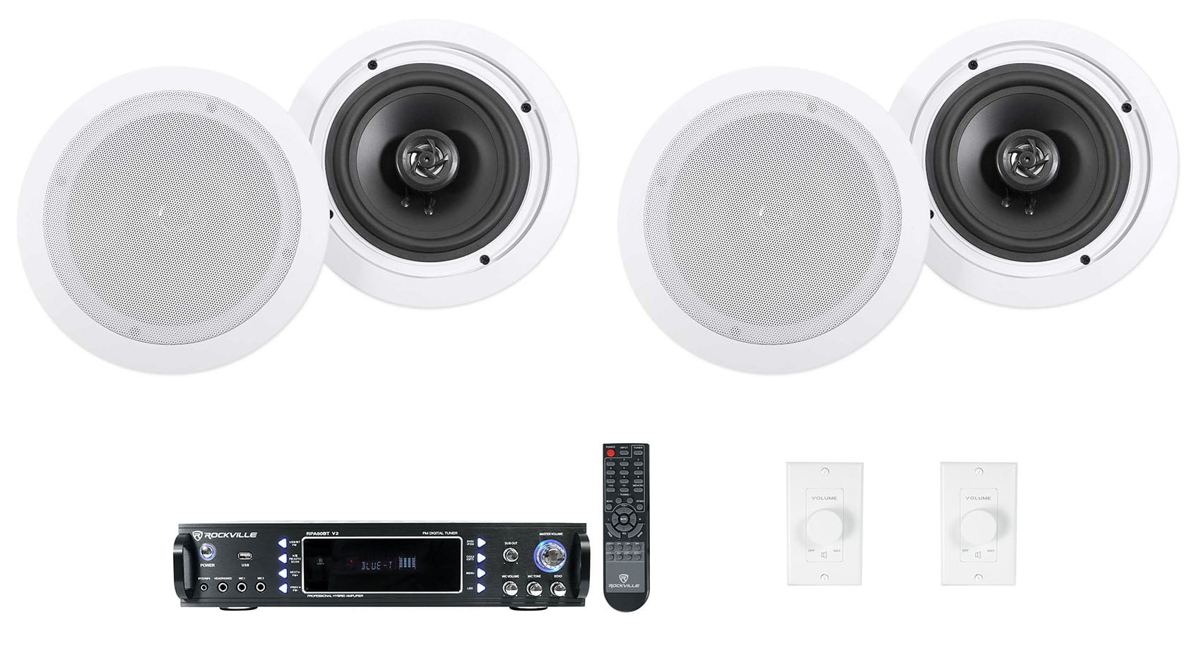Rockville 2-Room Home Audio Receiver Amp+(4) 6.5" Ceiling Speakers+Wall ...