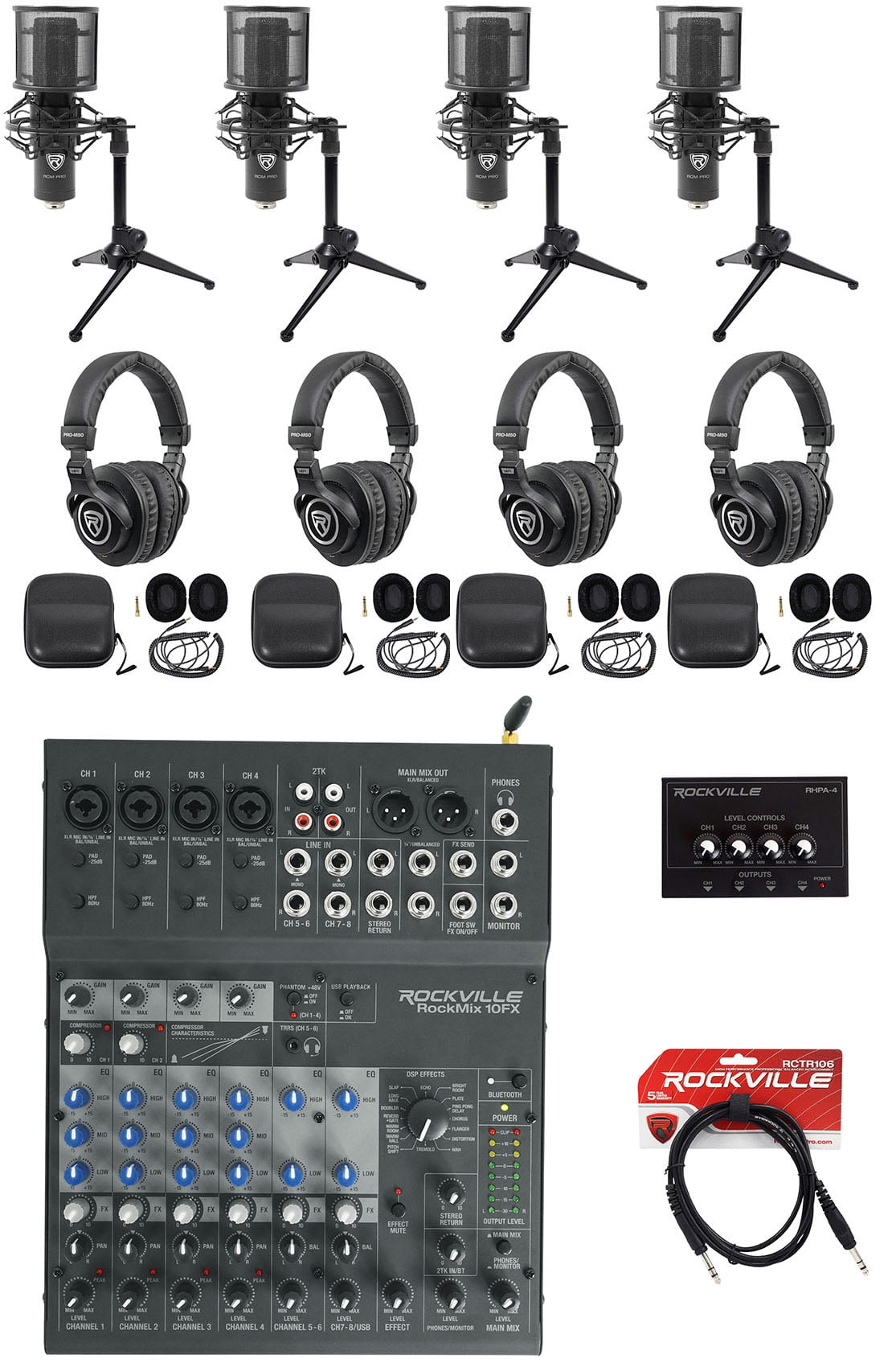 Rockville 4-Person Podcast Podcasting Kit w/USB Mixer/Interface+Mics ...